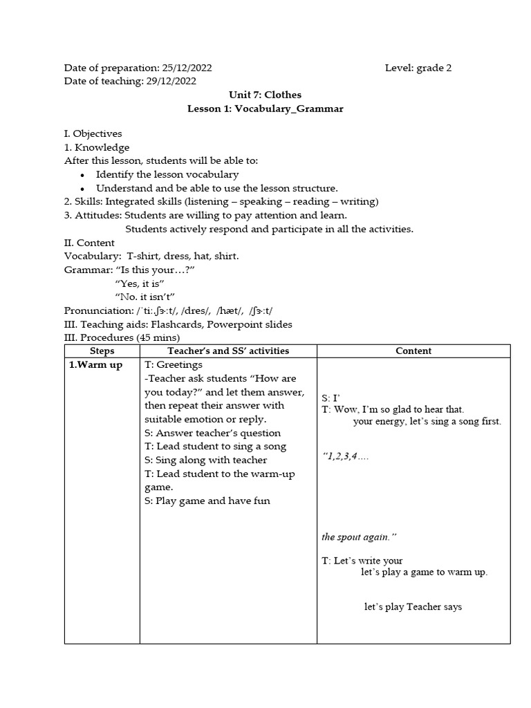 Grade 2 Lesson Plan: Clothes Vocabulary | PDF | Learning