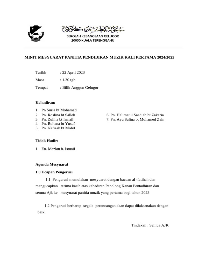 Minit Mesyuarat Muzik 1 2024 | PDF