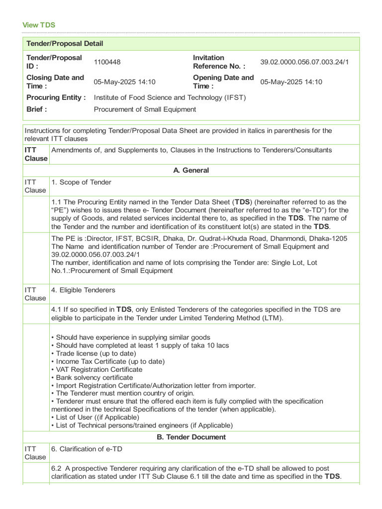Section2 - Tender Data Sheet (TDS) | PDF | Taxes | Specification (Technical Standard)