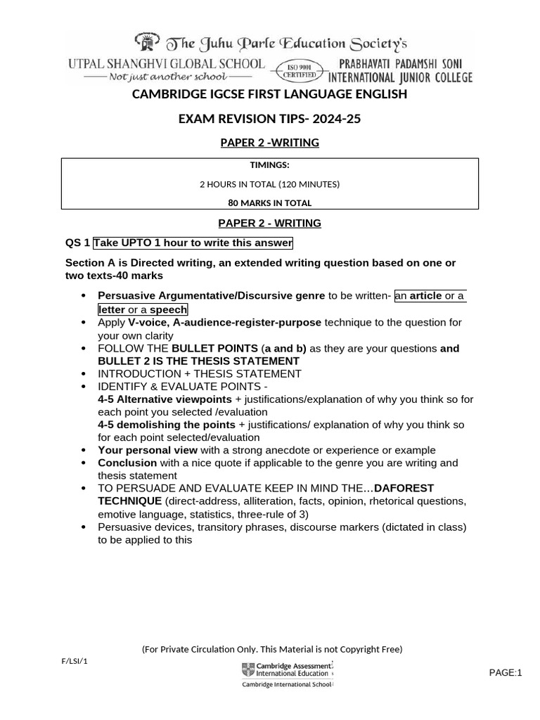 English Exam Tips Paper 2 2025 | PDF | Essays | Human Communication
