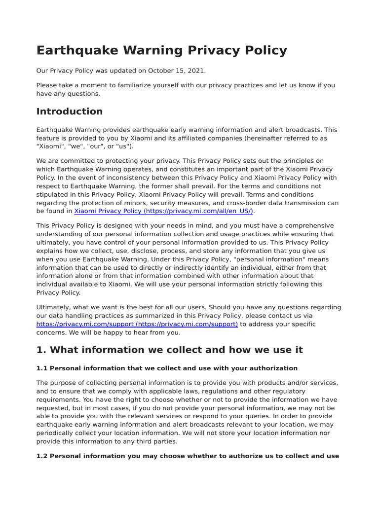 Earthquake Warning Privacy Policy Overview | PDF | Privacy | Information
