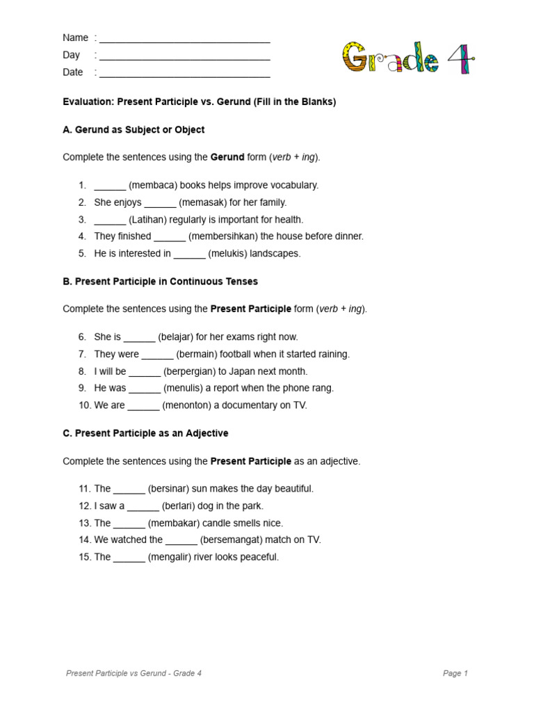 Gerund and Present Participle Quiz | PDF