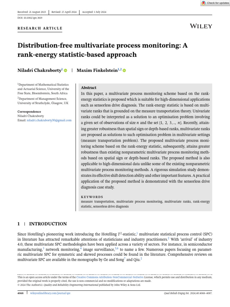 Quality Reliability Eng - 2024 - Chakraborty - Distribution Free Multivariate Process Monitoring ...