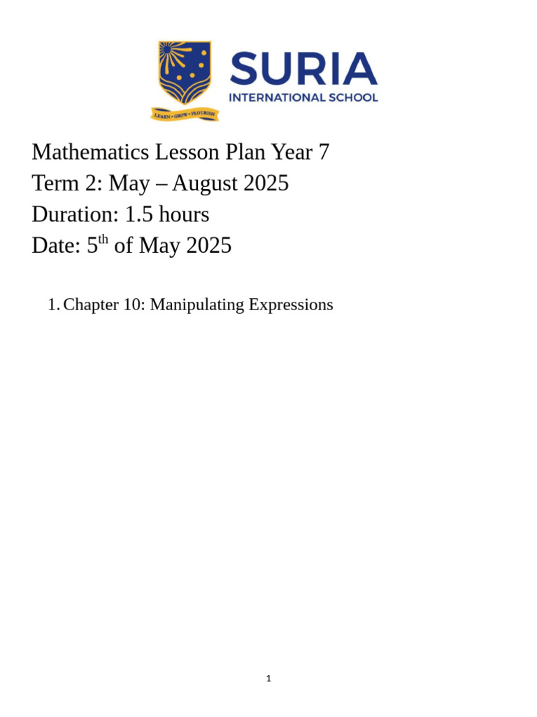 Lesson Plans Math Year 7 | PDF