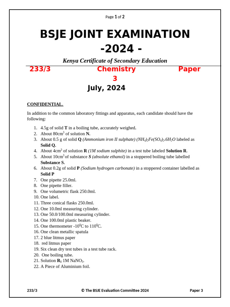 Bsje 2024 Chem-Pp3-Confidential | PDF | Sodium | Distillation