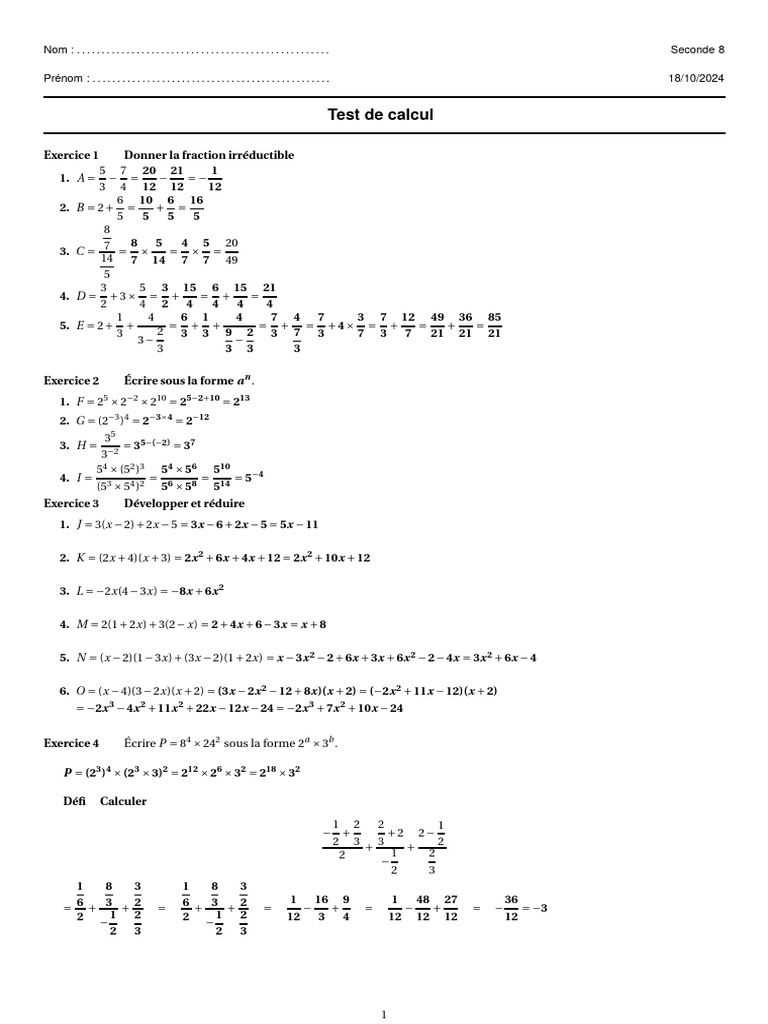 Test Calcul Corrige | PDF