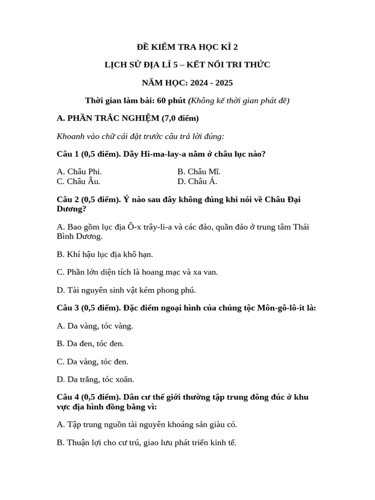 De Thi HK2 Mon Lich Su Dia Li 5 KNTT | PDF
