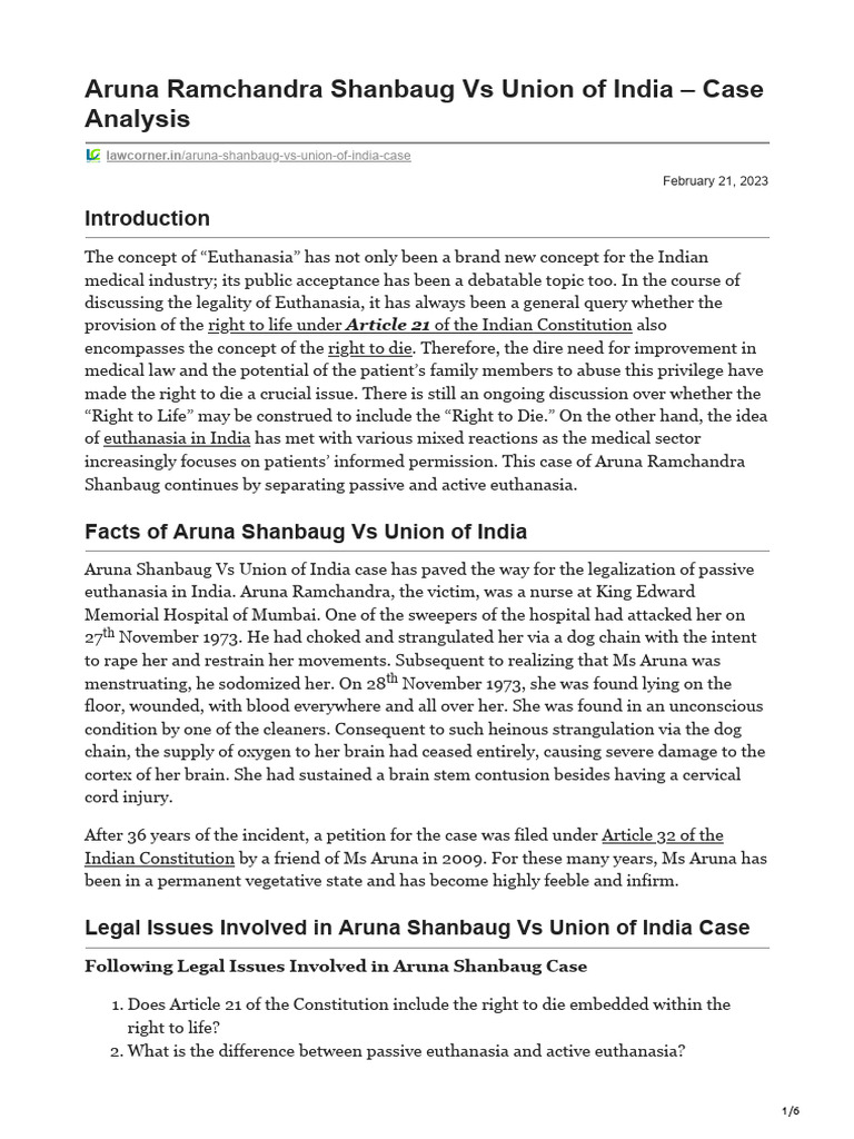 Aruna Shanbaug Case: Euthanasia Analysis | PDF | Justice | Crime & Violence