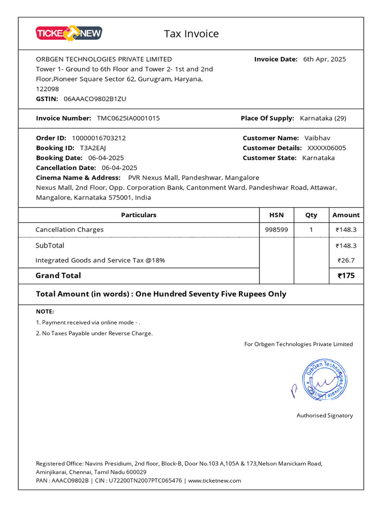 Cancellation Invoice - Order 10000016703212 - Ticketnew | PDF