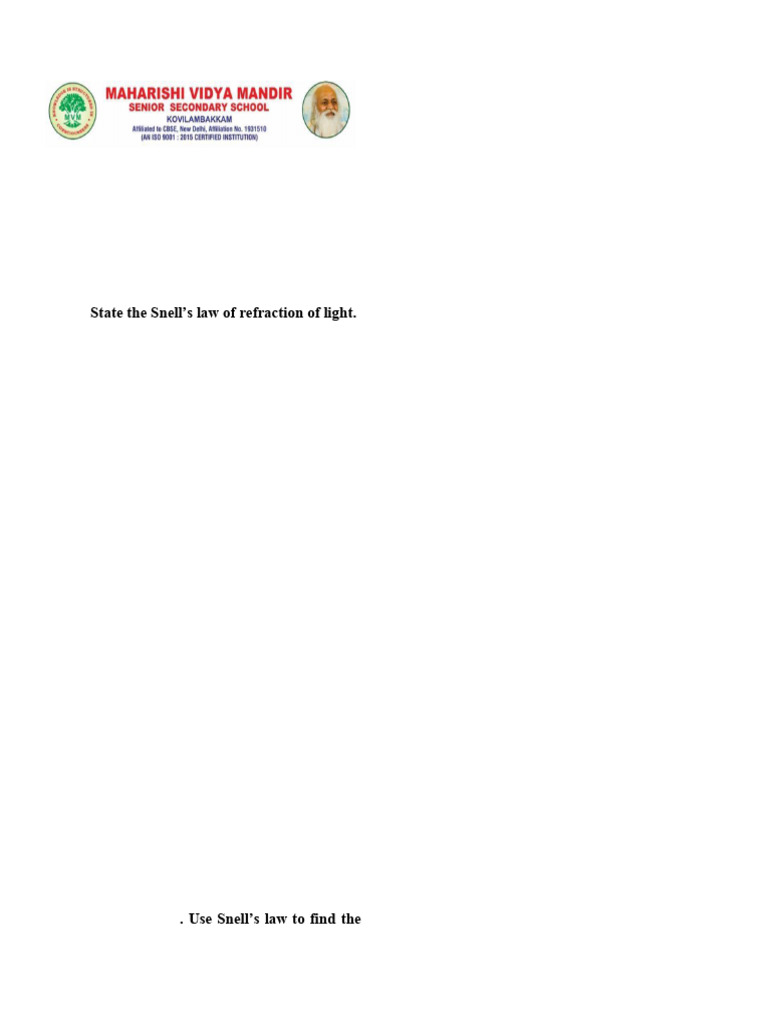 Physics - Worksheet 3 - Refraction of Light | PDF | Refraction | Optics