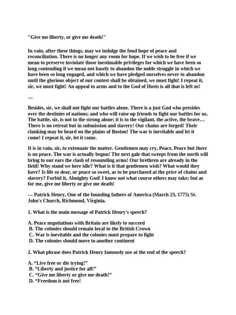 Patrick Henry's Call to Arms Speech | PDF | George Washington ...