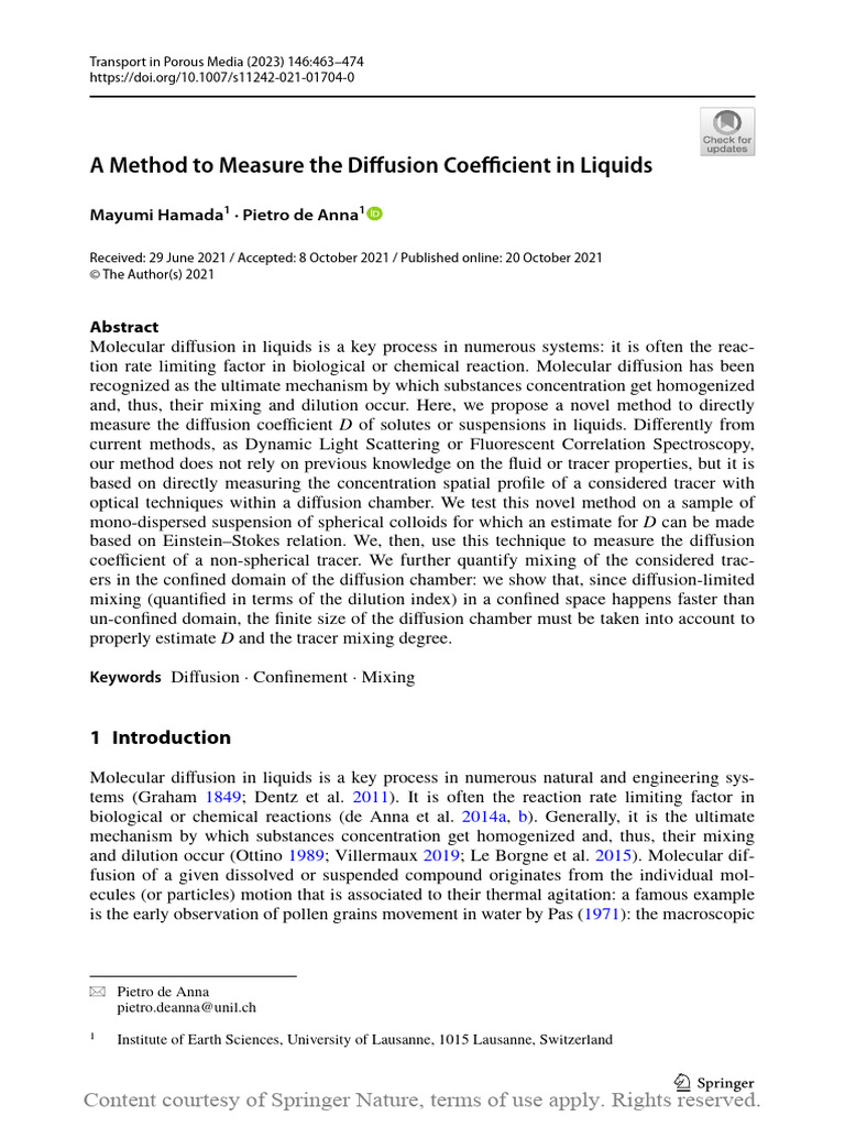 A Method To Measure The Diffusion Coefficient in L | PDF | Diffusion ...