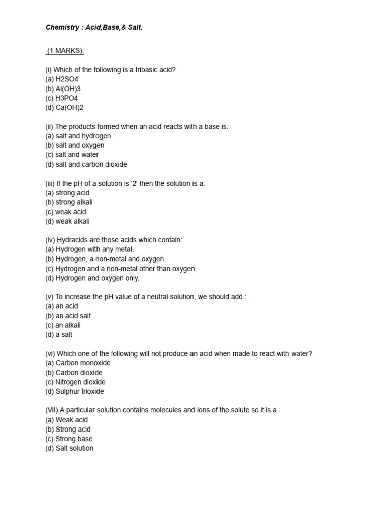 Acid Base and Salts Practice Paper | PDF | Acid | Salt (Chemistry)