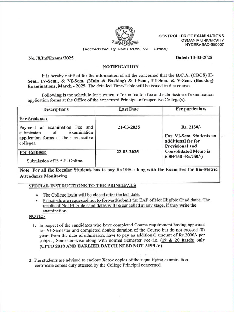 OU BCA Exams Notification March April 2025 | PDF