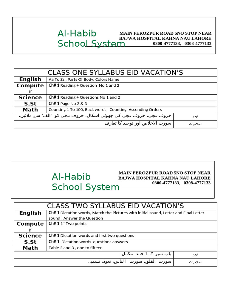 Class One Syllabus Eid Vacation | PDF