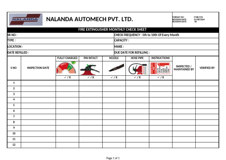Fire Extinguisher Cylinder Check Sheet | PDF