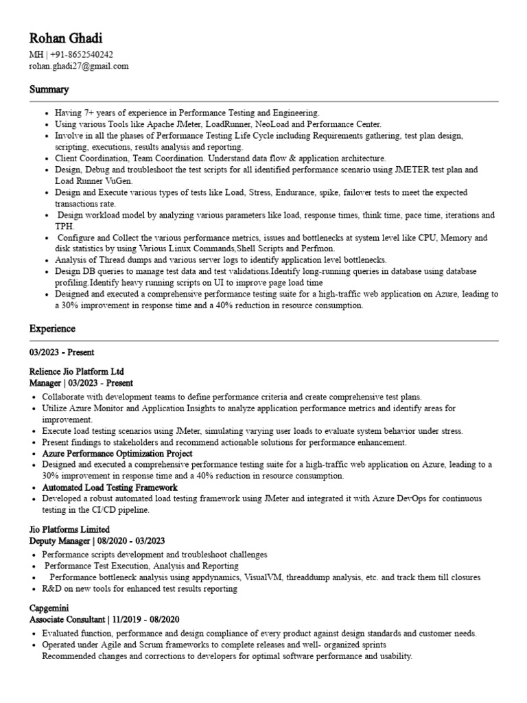 Performance Testing Engineer Resume | PDF | Systems Engineering ...