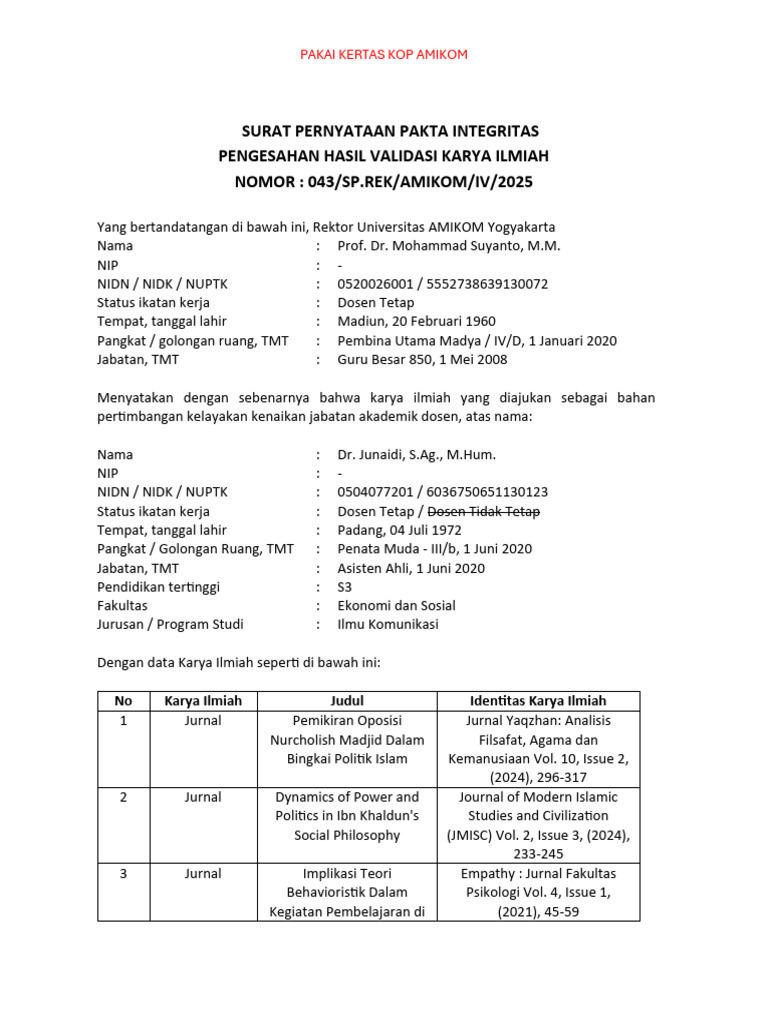 SP Pakta Integritas Validasi Pimpinan PT | PDF
