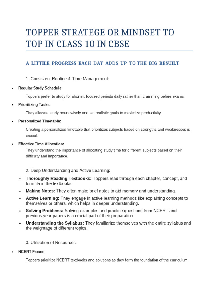 TOPPER STRATEGE OR MINDSET TO TOP IN CLASS 10 IN CBSE | PDF ...