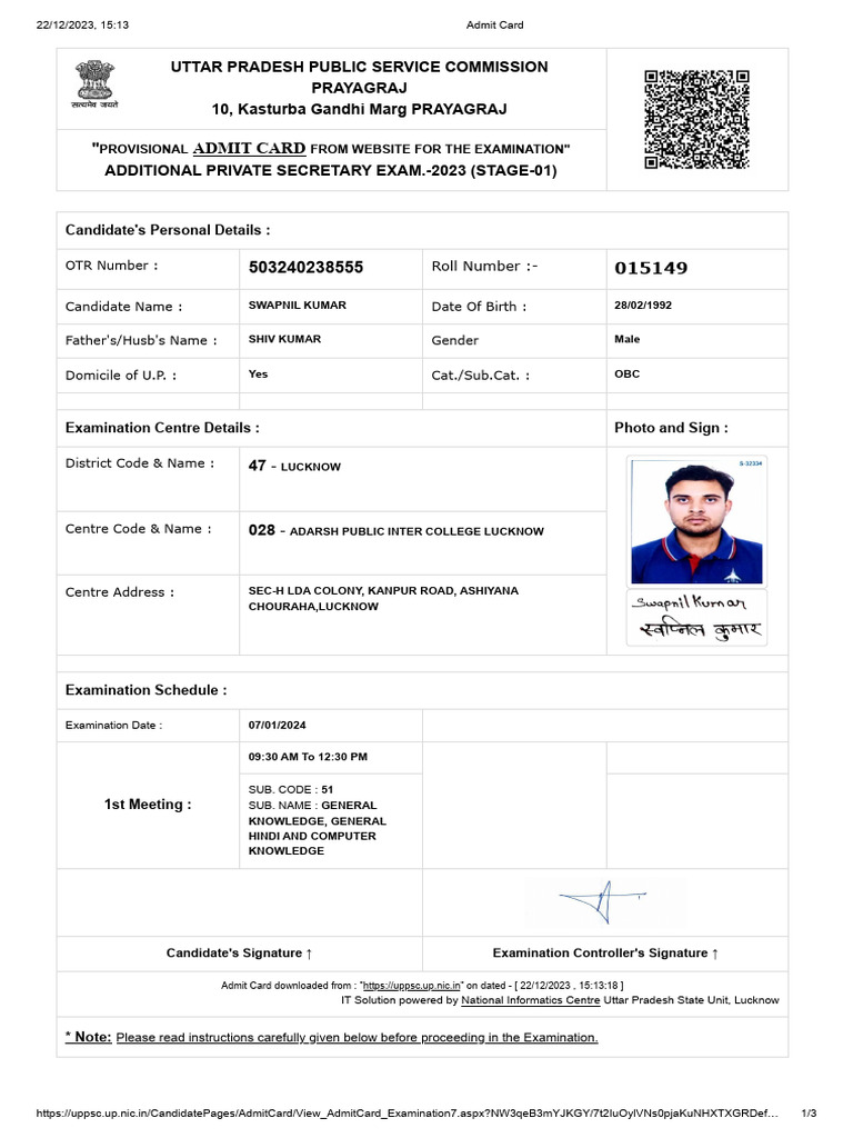 Uppsc Aps Admit Card | PDF