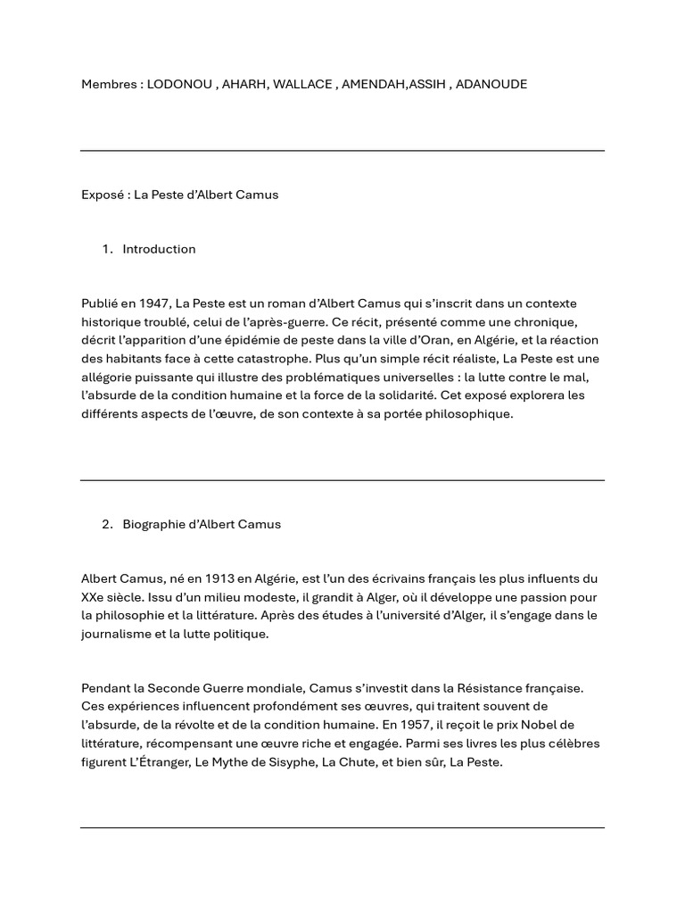 Analyse de La Peste d'Albert Camus | PDF | Albert Camus