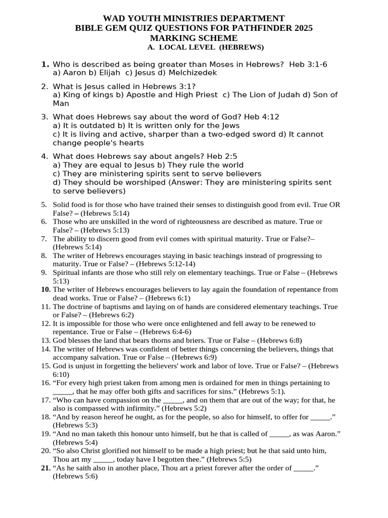 Bible Gem Pathfinder Local Level 2025 Questions English - Formatted ...