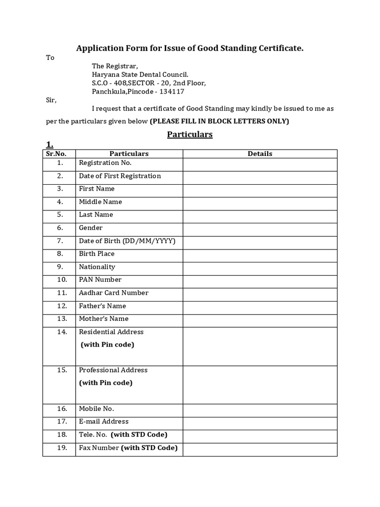 Application Form For Good Standing Certificate | PDF