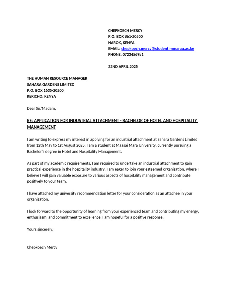 Industrial Attachment Letter Chepkoech Mercy | PDF