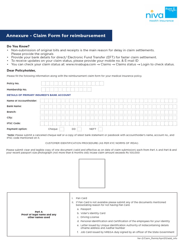 Reimbursement Claim Additional Document | PDF | Identity Document | Cheque