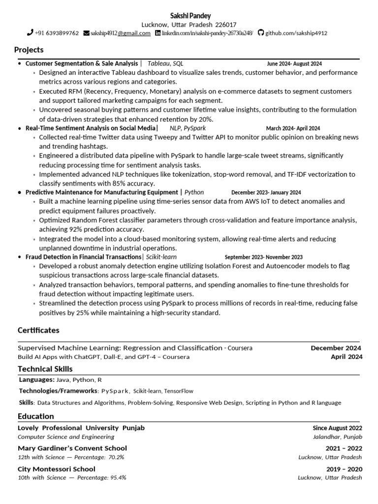 Sakshi - Specialised - CV - Pes319 Updated Now | PDF | Machine Learning | Apache Spark