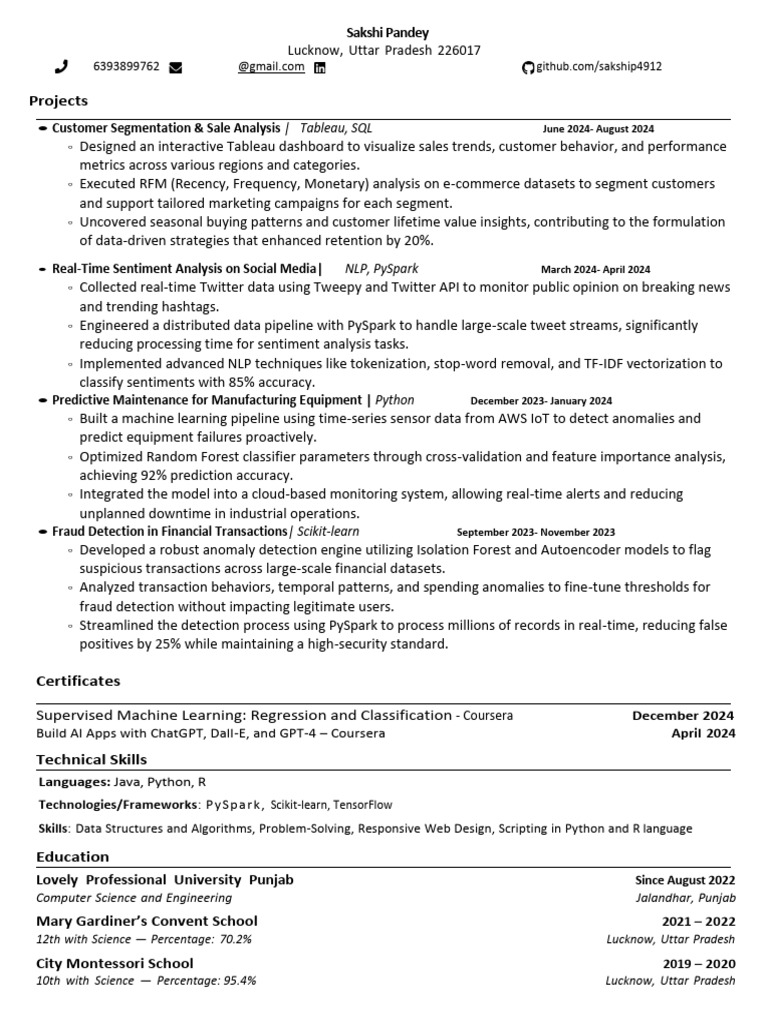 Sakshi_Specialised_CV_pes319 updated now | PDF | Machine Learning | Apache Spark