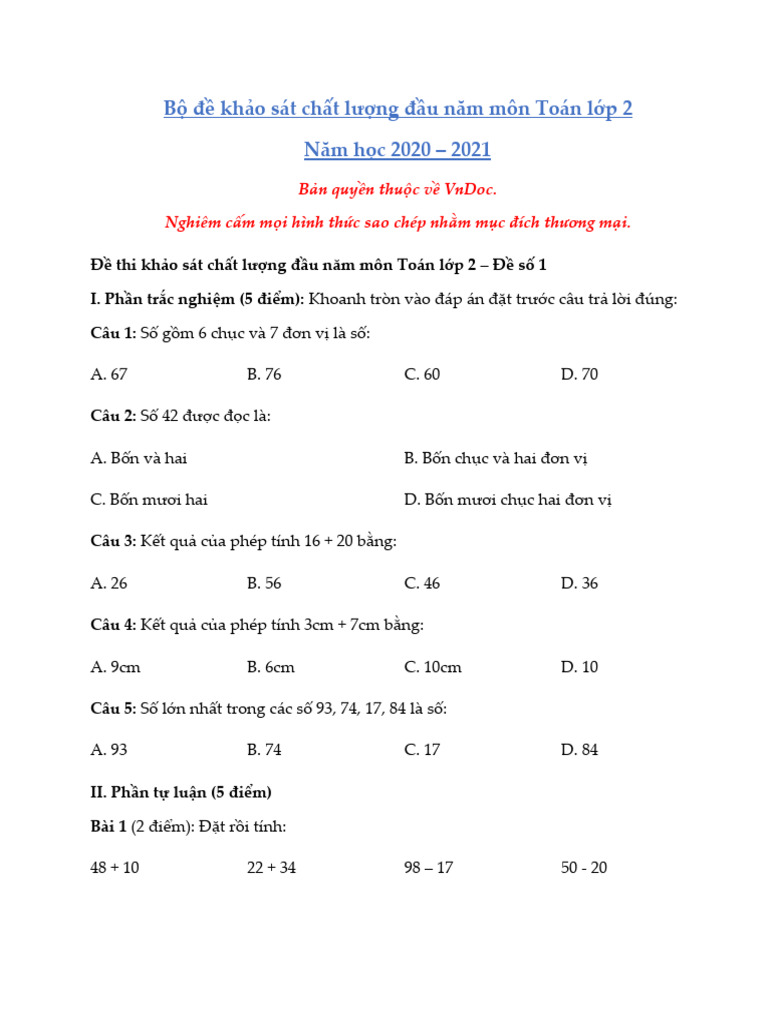 Bo de Khao Sat Chat Luong Dau Nam Mon Toan Lop 2 Nam 2020 2021 | PDF