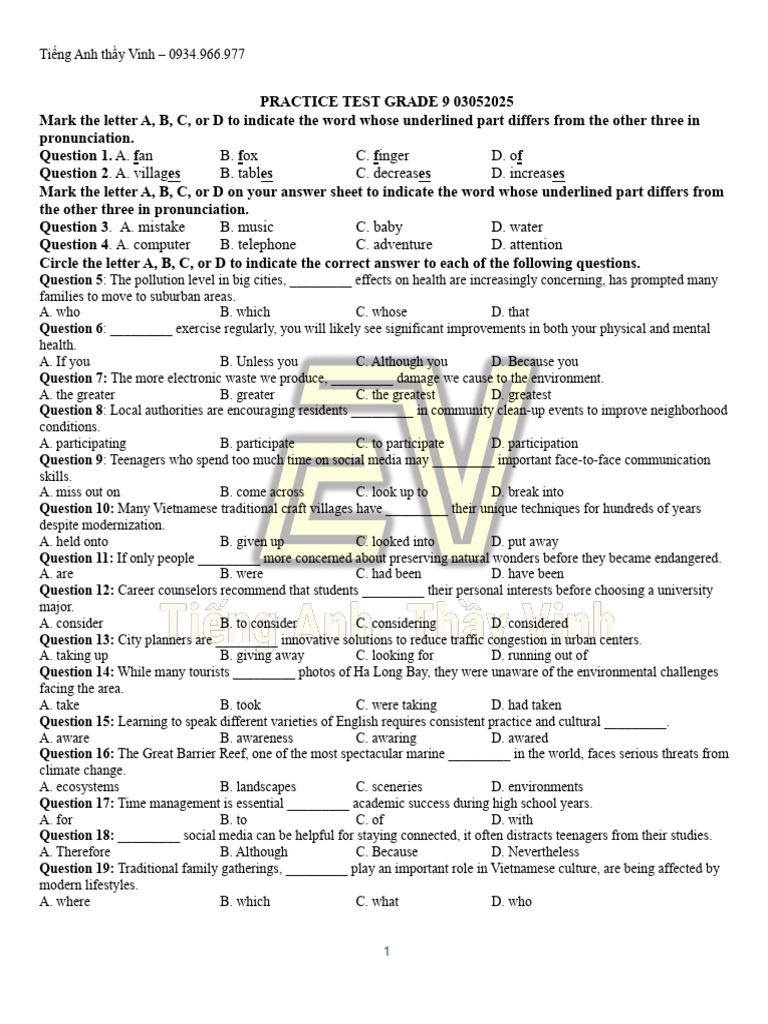 Practice Test Grade 9 03052025 | PDF | Linguistics