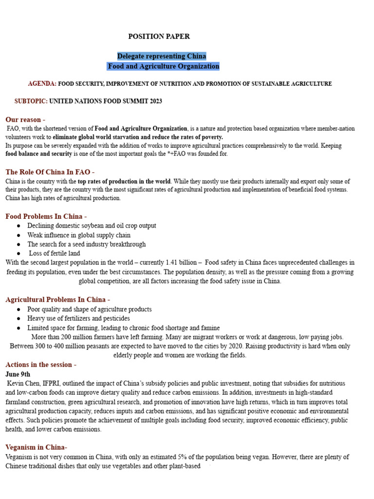 POSITION PAPER (Delegate Representing China) | PDF | Agriculture | Food ...