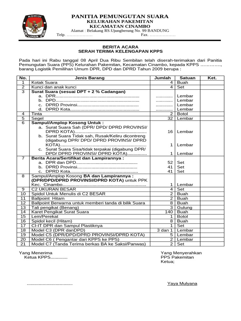 Berita Acara Serah Terima Kelengkapan KPPS | PDF