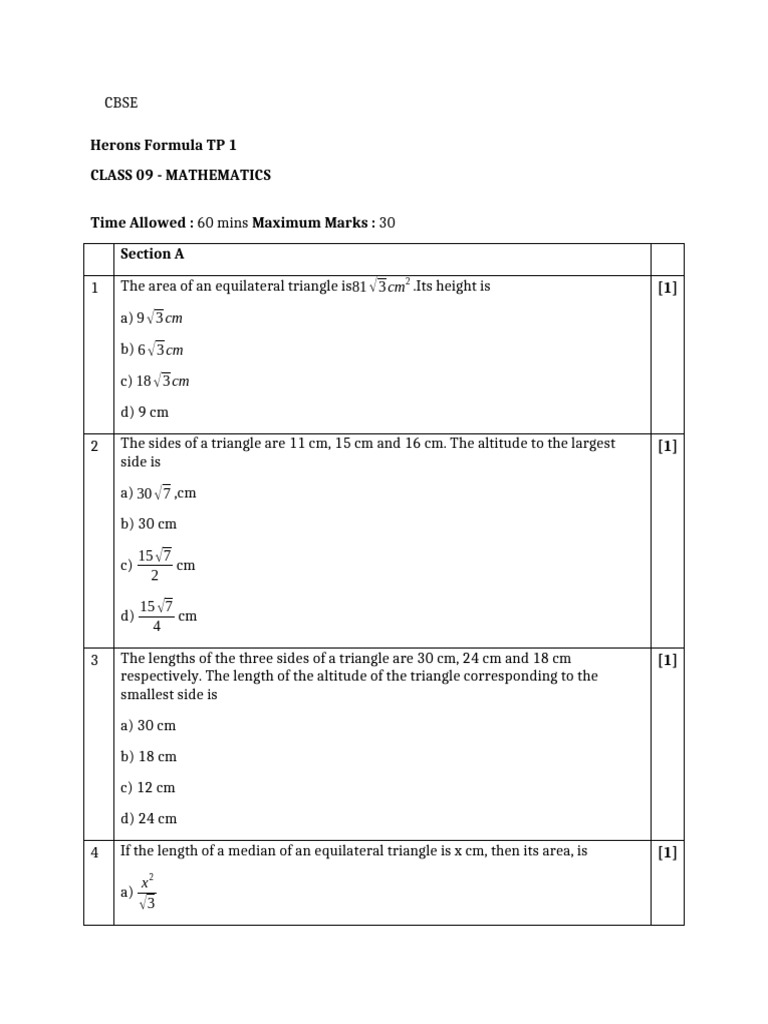 Herons Formula Tp 1 Word Area Of A Triangle By Herons Formula Pdf Area Triangle