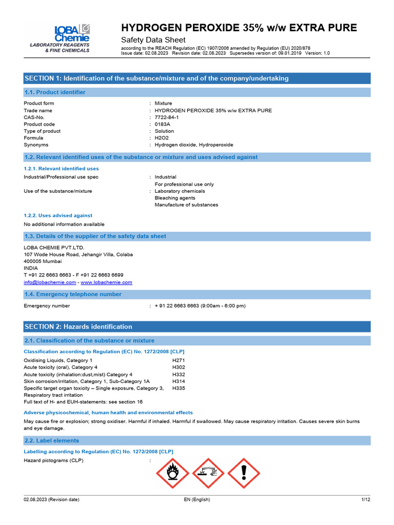 MSDS Hydrogen Peroxide 35 WW CASNO 7722 84 0183A EN - Aspx | PDF | Toxicity | Dangerous Goods
