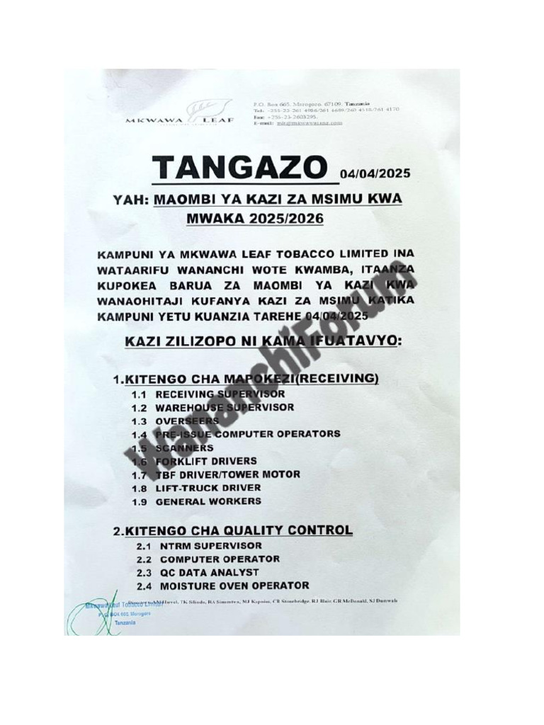 Mkwawa Leaf Tobacco Vacancies April Final | PDF