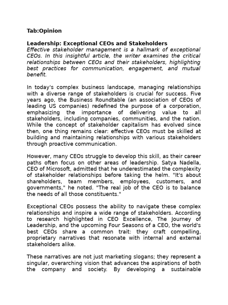 CEOs and Stakeholder Management Insights | PDF | Leadership ...