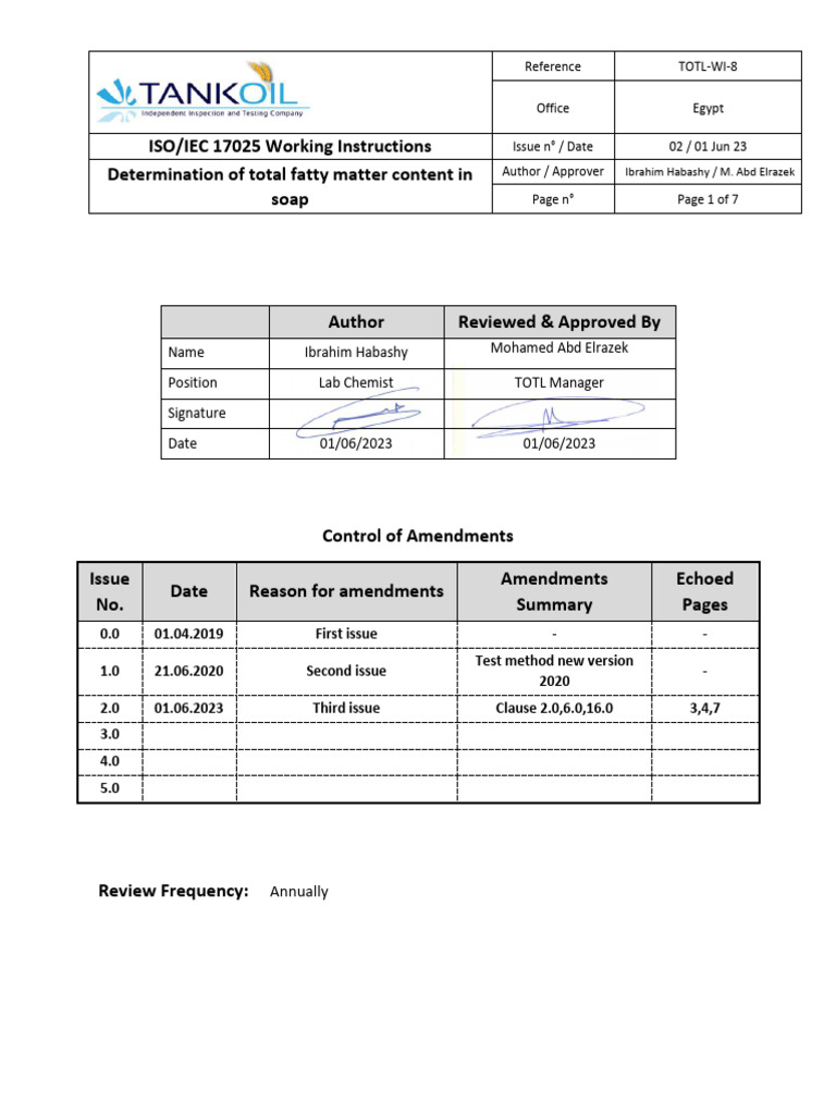 (TOTL-WI-08)Determination of total fatty matter in soap | PDF | Fatty ...