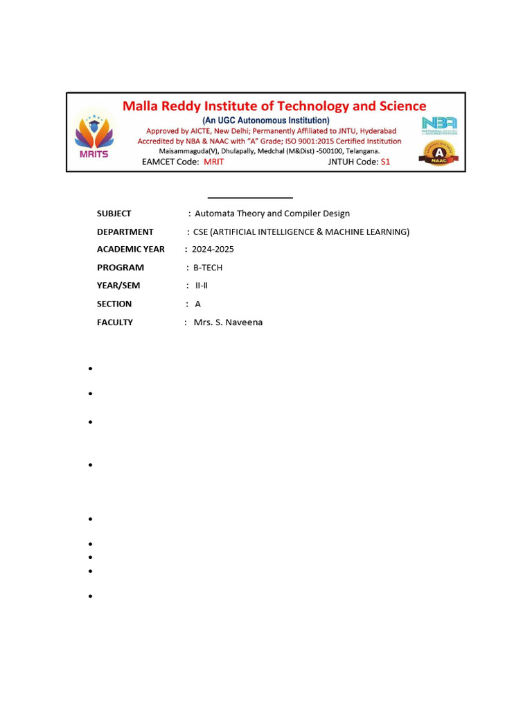 Lesson Plan of at&CD Cse (Aiml) II-II | PDF | Parsing | Regular Expression