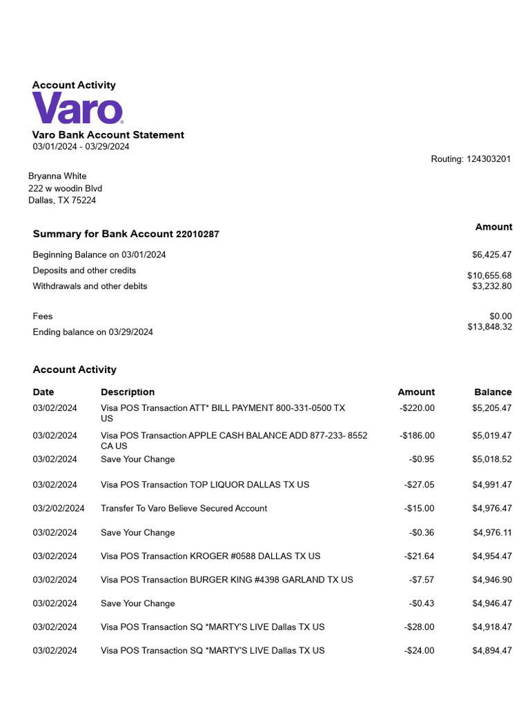 Varo bank statement for March.. | PDF | Visa Inc. | Banks