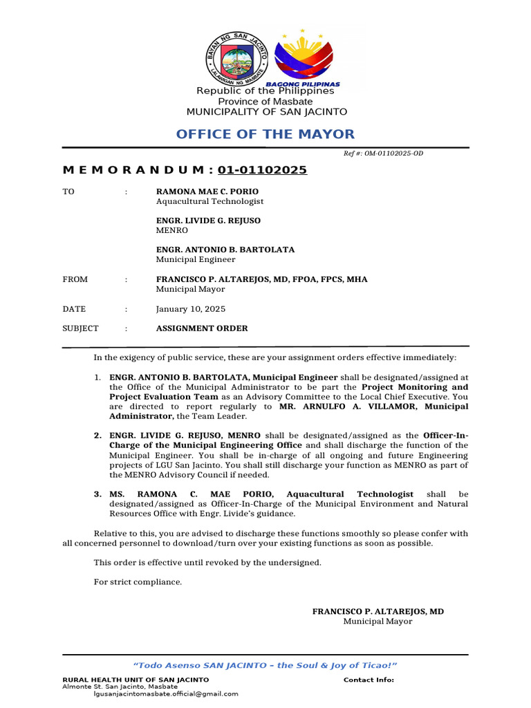San Jacinto Assignment Orders Memo | PDF
