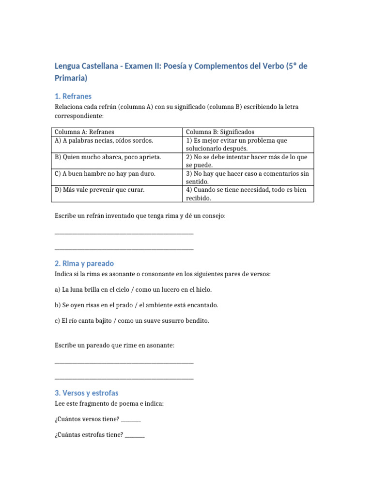 Examen2 Lengua 5º Primaria Refranes Rimas Complementos | PDF