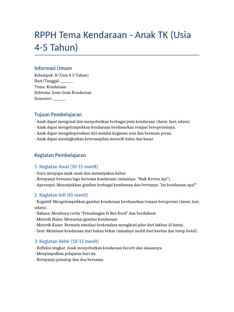 RPPH Tema Kendaraan untuk Anak TK | PDF