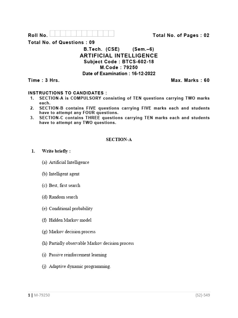 Btech Cse 6 Sem Artificial Intelligence 79250 Dec 2022 | PDF | Artificial Intelligence ...