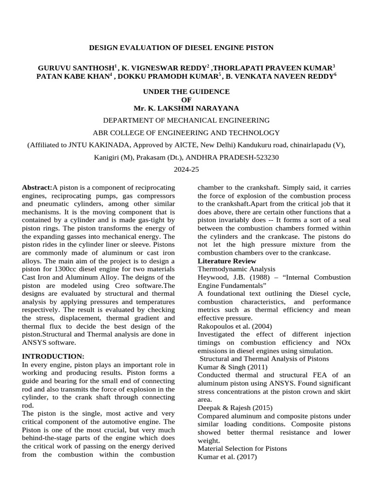 DESIGN EVALUATION OF DIESEL ENGINE PISTON Paper | PDF | Piston | Engines