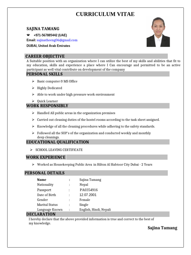 Sajina Tamang CV | PDF