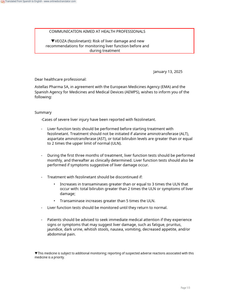 Fezolinetant DHPC Final - Es.en | PDF | Alanine Transaminase | Medicine