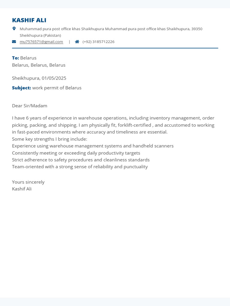 Kashif Ali Cover Letter | PDF